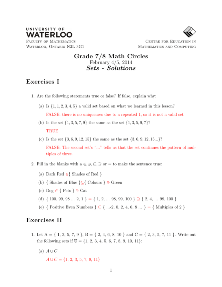 Grade 7 8 Math Circles Sets Solutions Exercises I