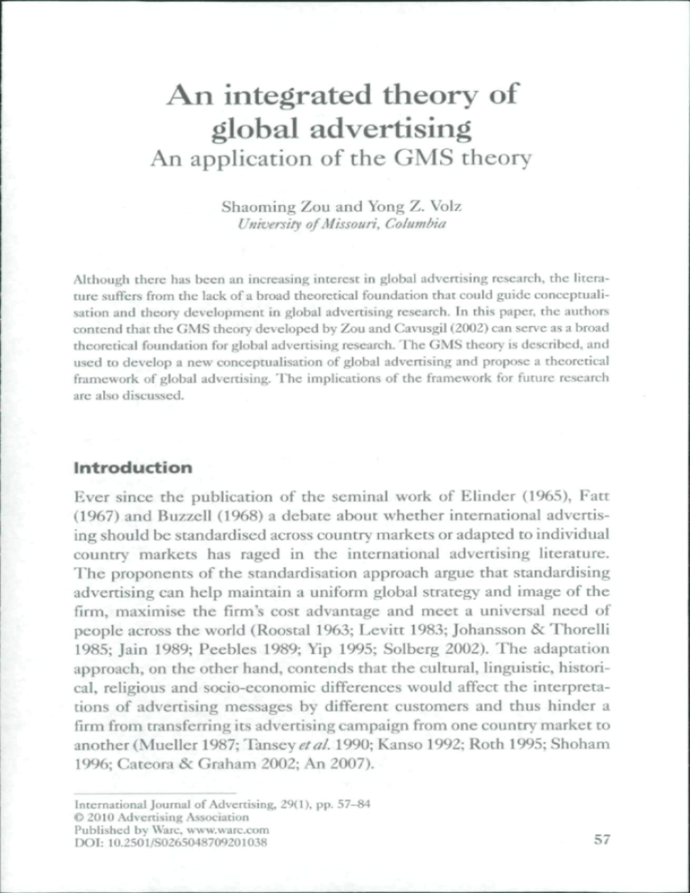 An integrated theory of global advertising