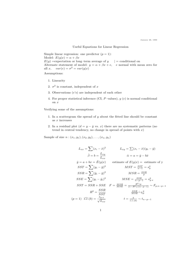 Useful Equations For Linear Regression Simple Linear Regression