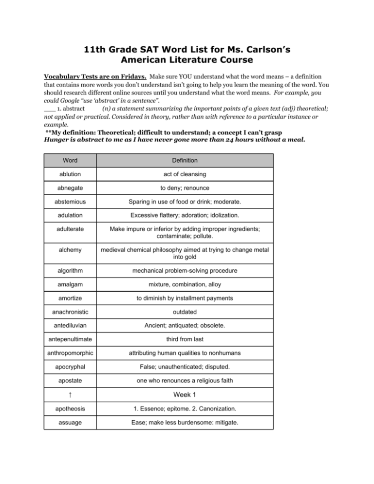 11th Grade SAT Word List For Ms Carlson s American Literature