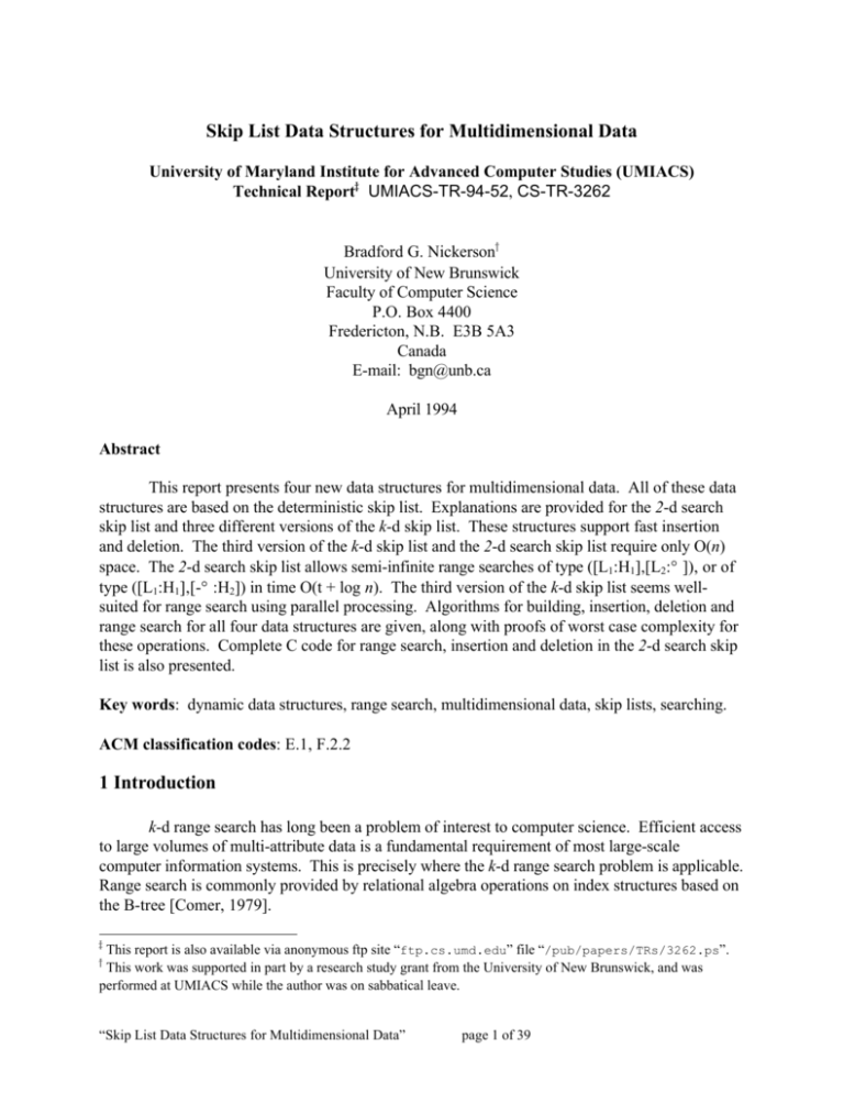 Skip List Data Structures For Multidimensional Data 1