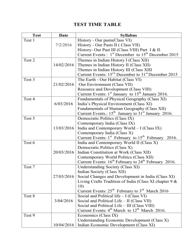 test time table - online test series