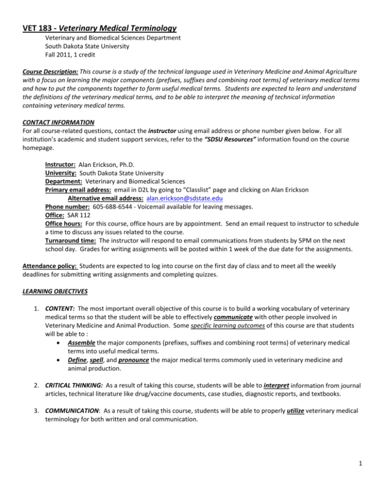 Veterinary Medical Terminology Course Syllabus