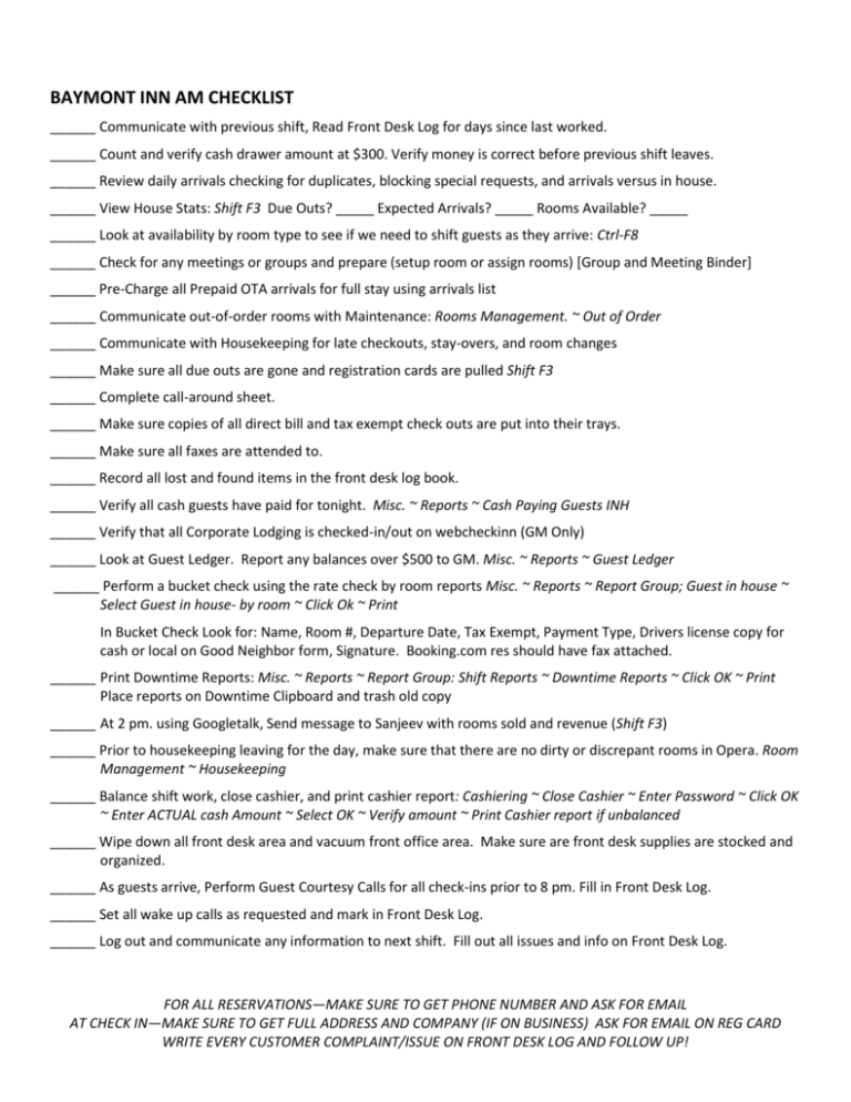 Baymont Inn Am Checklist