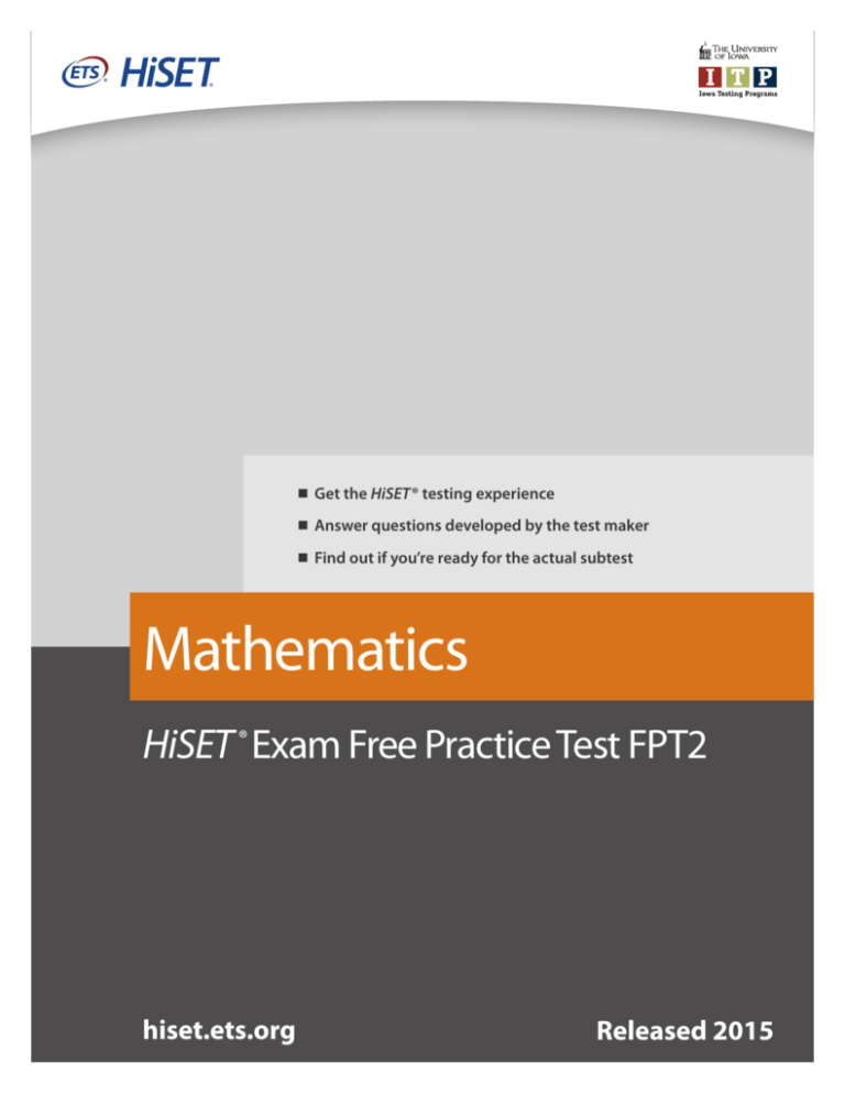 Mathematics Practice Test FPT2 Released In 2015 HiSET