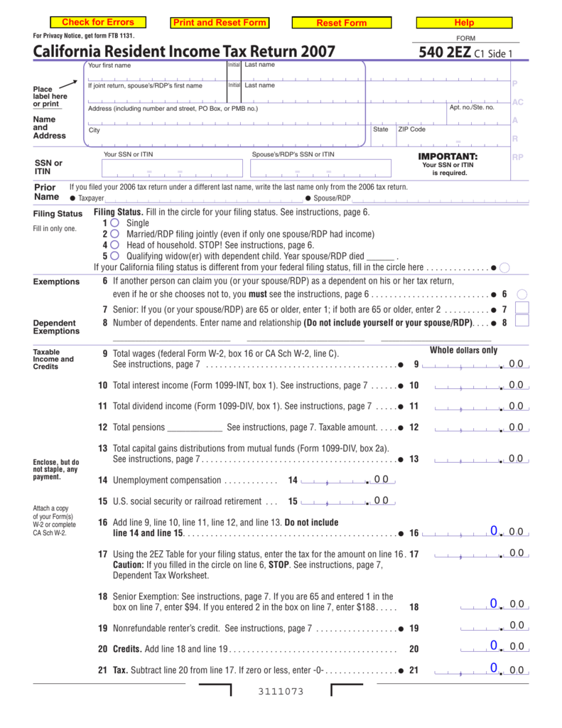 2007 Form 540 2EZ California Resident Income Tax Return 2007 Form 540 2EZ California Resident Income Tax Return