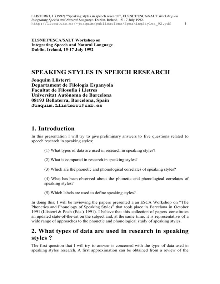 SPEAKING STYLES IN SPEECH RESEARCH 1. Introduction 2