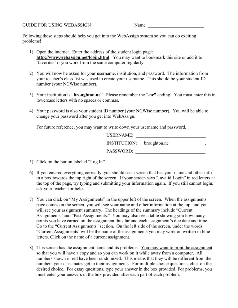 GUIDE FOR USING WEBASSIGN
