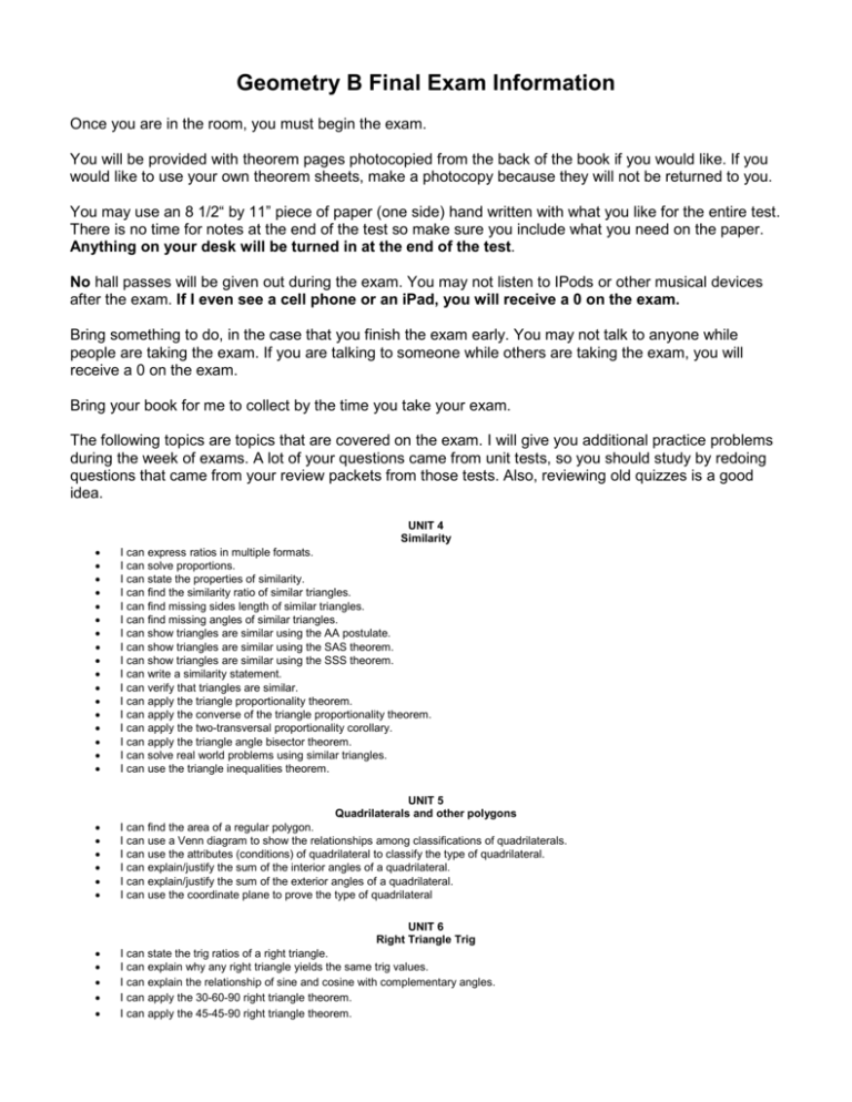 Geometry B Final Exam Information