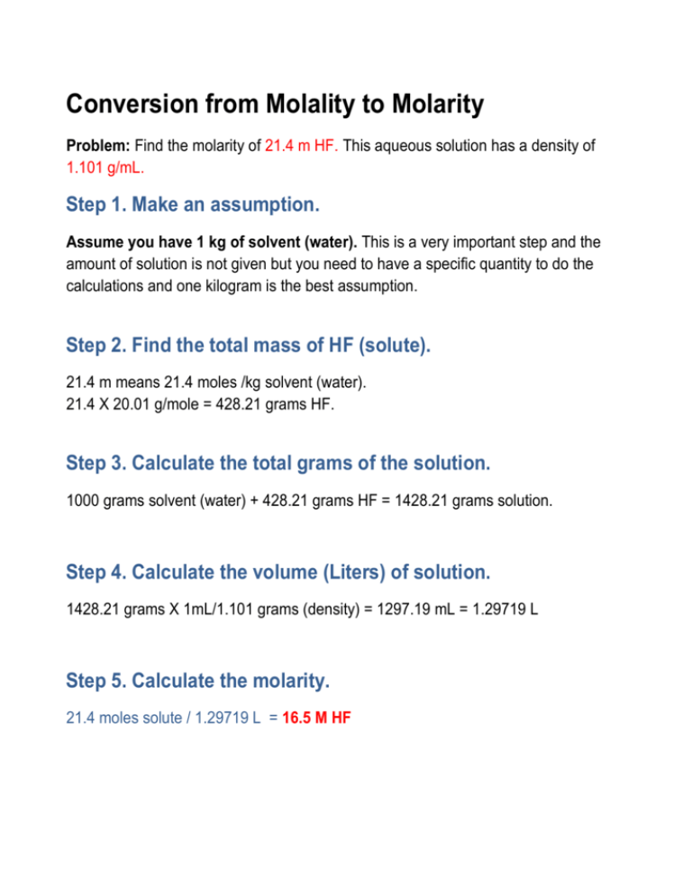 Conversion From Molality To Molarity