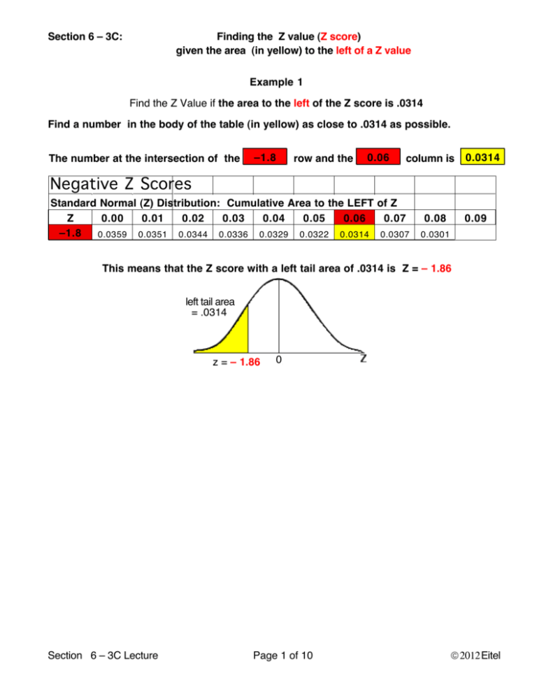  Z Score Given An Area In Either Tail