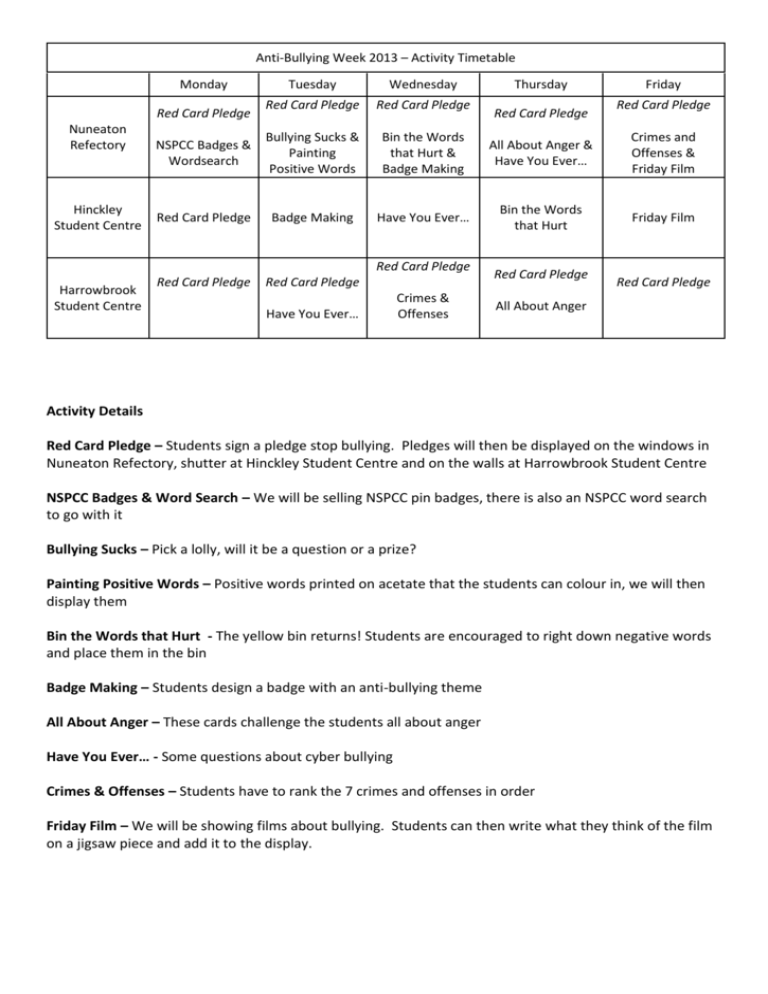 Activity Details Red Card Pledge – Students sign a pledge