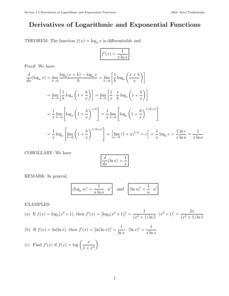 Derivatives of Logarithmic and Exponential Functions