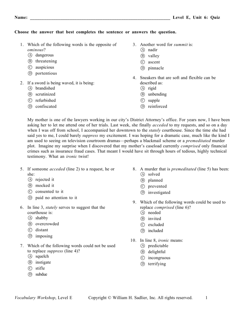Name Level E Unit 6 Quiz Vocabulary Workshop Sadlier