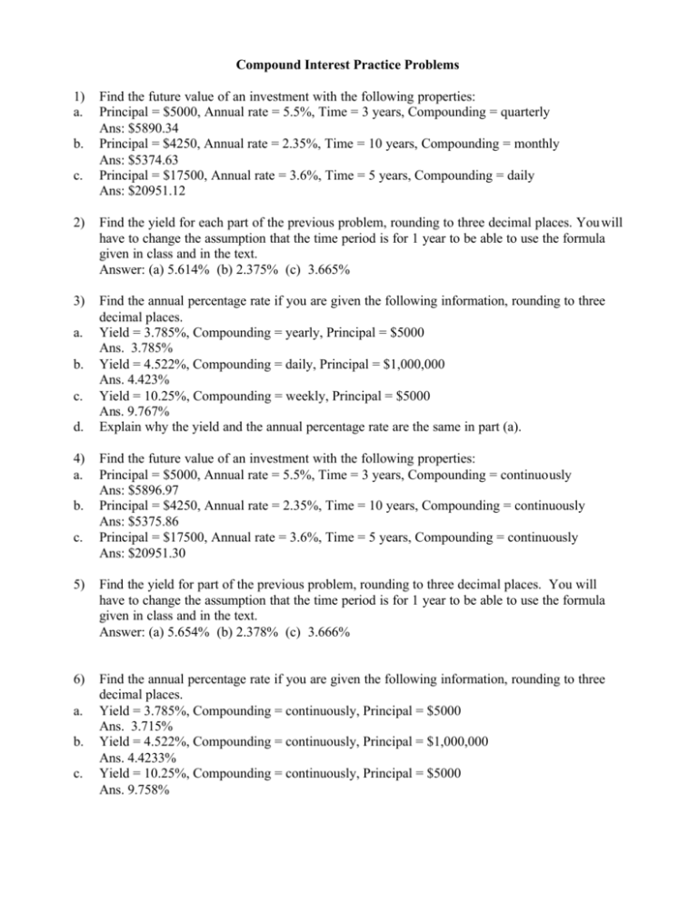 Compound Interest Practice Problems 1 Find The Future Value Of An
