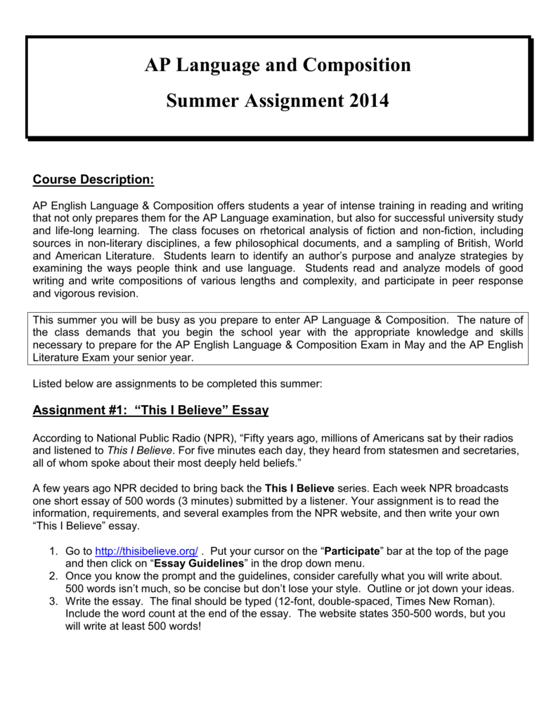 AP Language And Composition Summer Assignment 2014