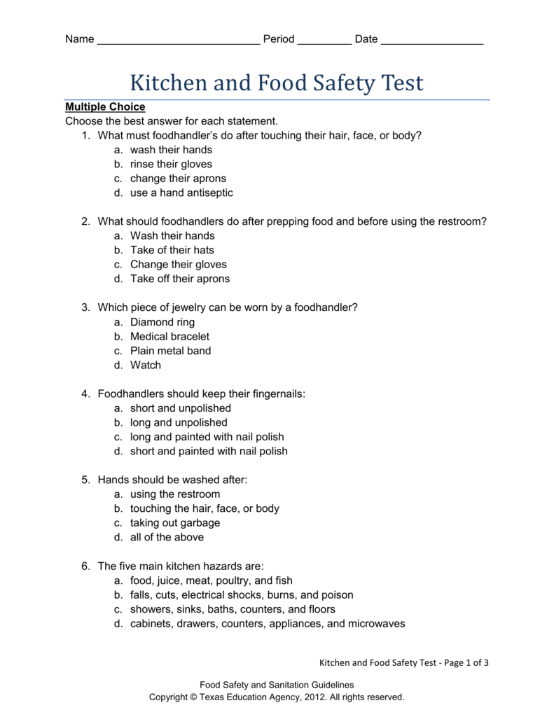 Handout Kitchen And Food Safety Test Handout Kitchen And Food Safety Test