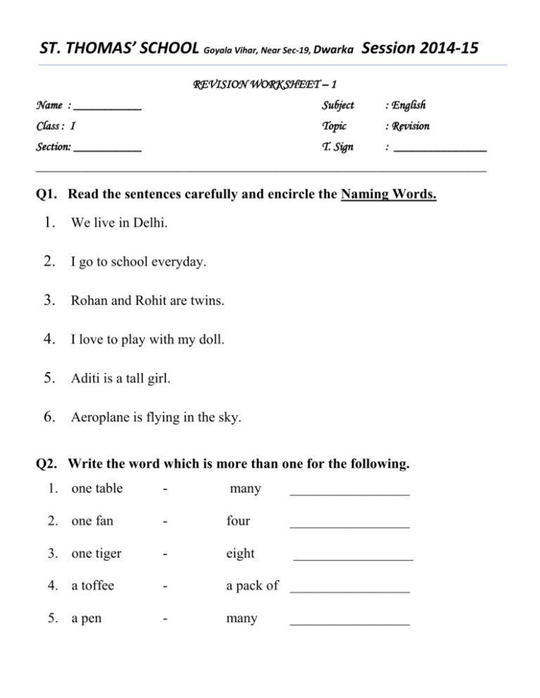 Q1 Read The Sentences Carefully And Encircle The Naming Words 1