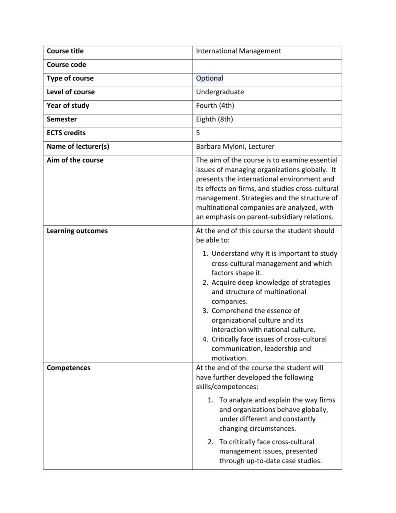 Course Title International Management Course Code Type Of Course