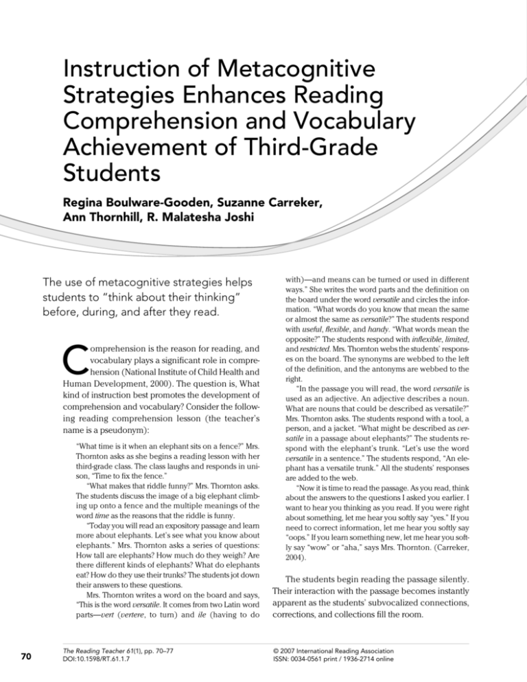 Instruction of Metacognitive Strategies Enhances Reading