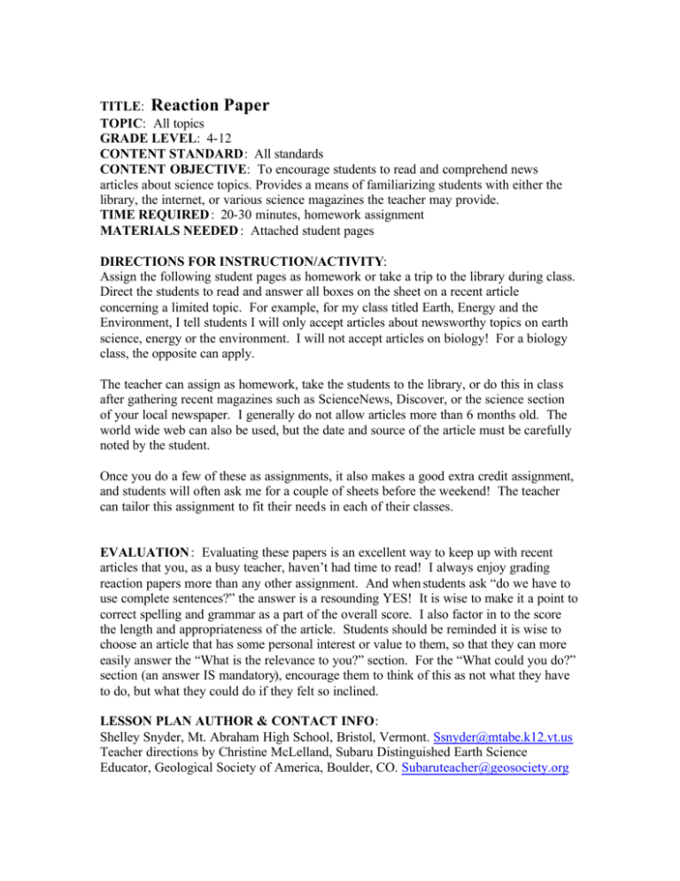 TITLE Reaction Paper