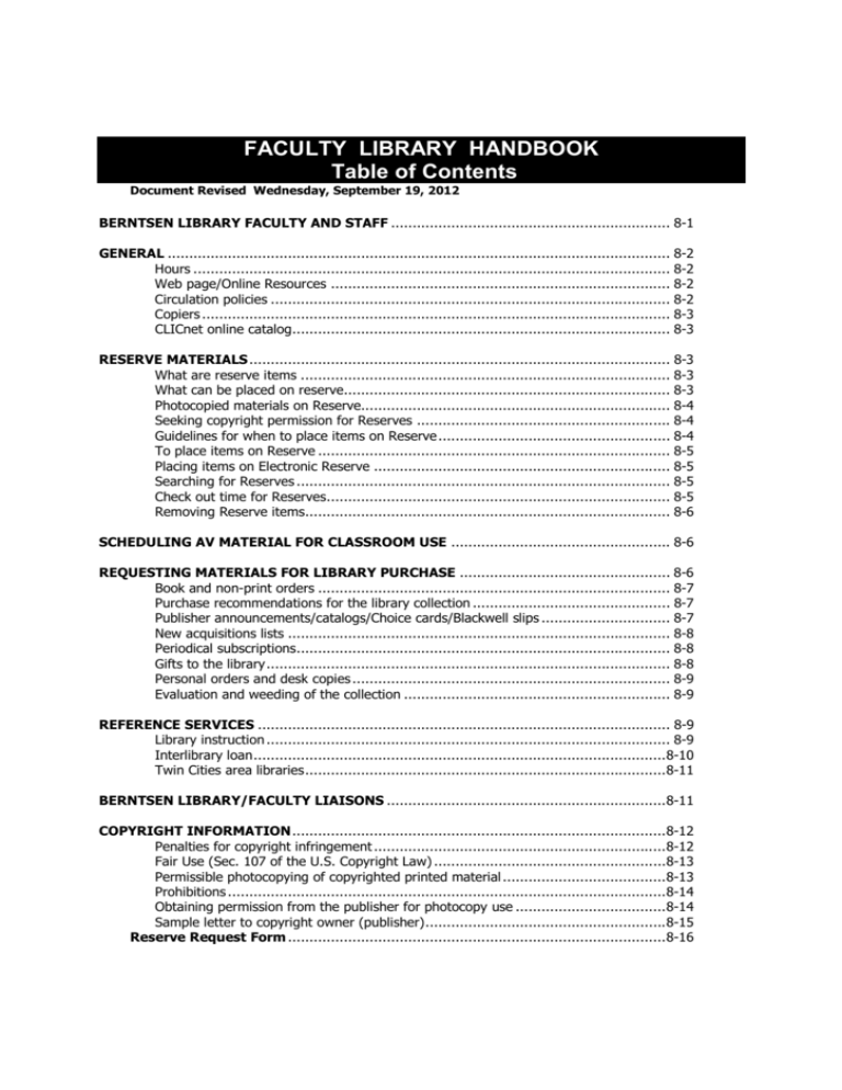 FACULTY LIBRARY HANDBOOK Table of Contents