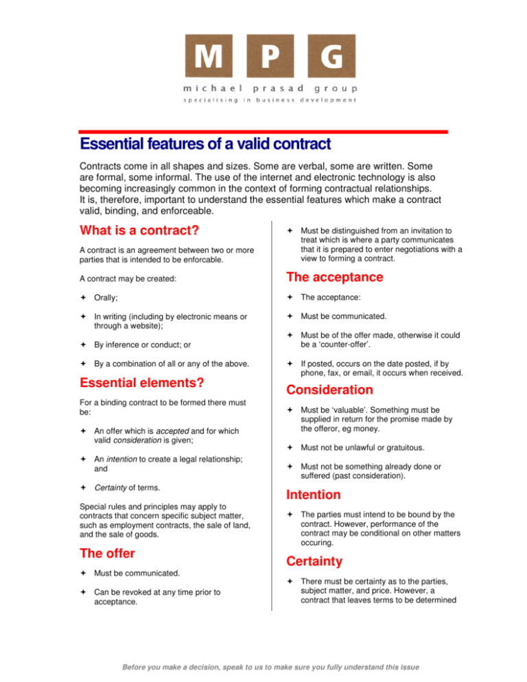 Essential Features Of A Valid Contract