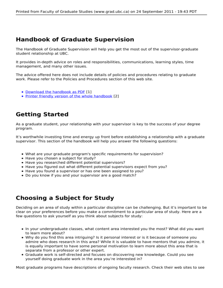 UBC's Handbook of Graduate Supervision