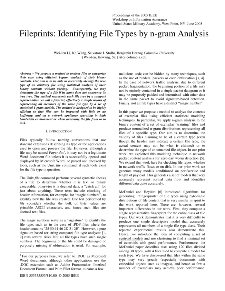 Fileprints Identifying File Types By N