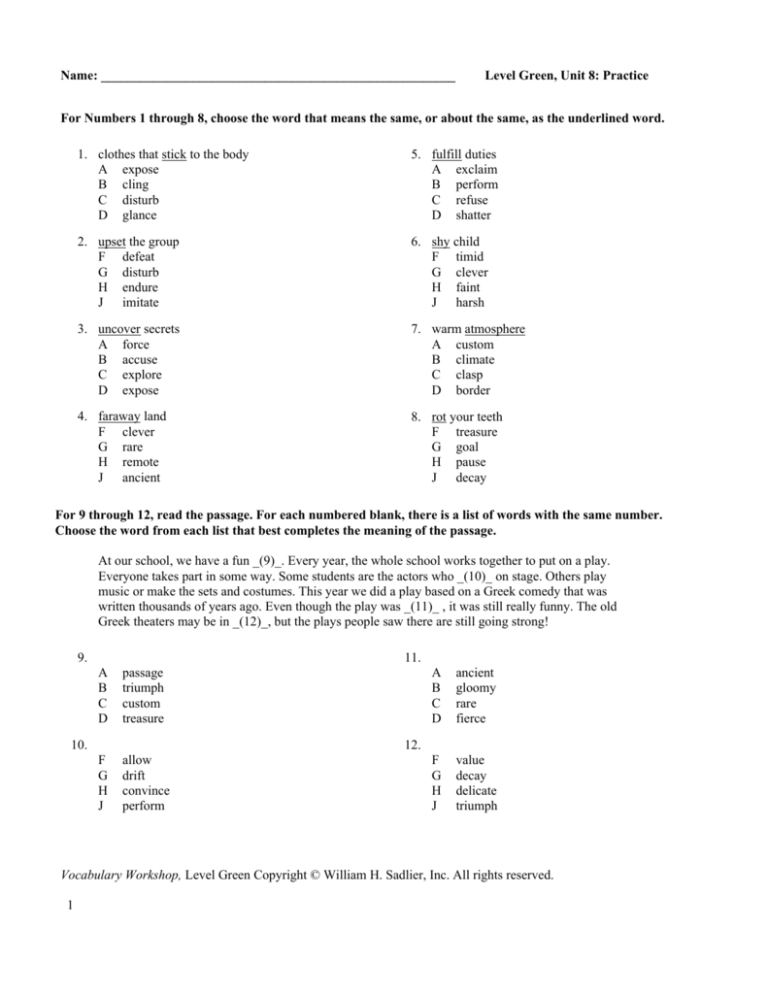 Vocabulary Practice Level Green Unit 8 Vocabulary Practice Level Green Unit 8
