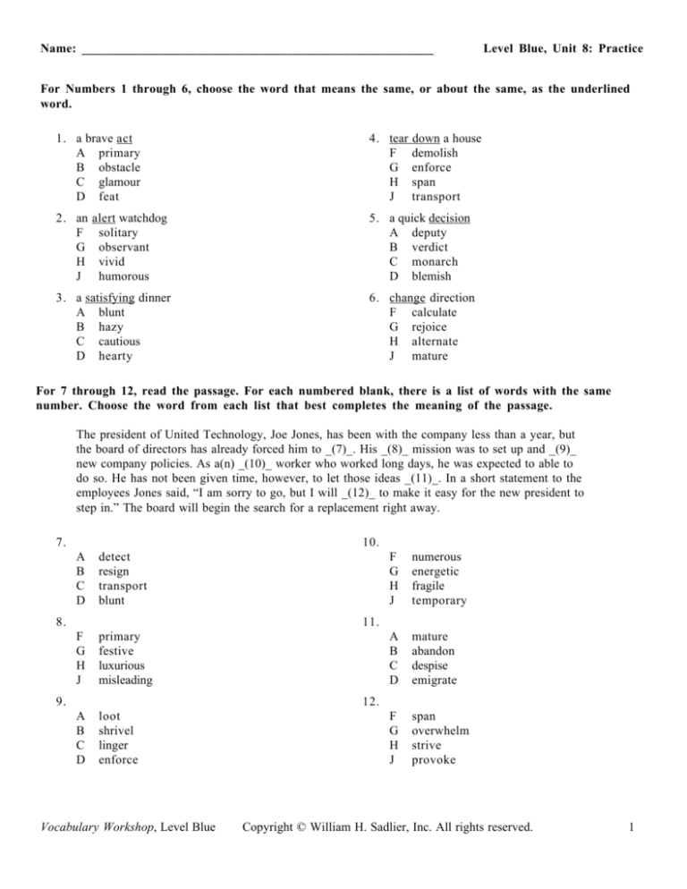 Vocabulary Workshop Level Blue Unit 8 Practice Vocabulary Workshop Level Blue Unit 8 Practice