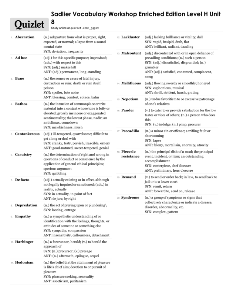 Print Sadlier Vocabulary Workshop Enriched Edition Level H Unit 8 Print Sadlier Vocabulary Workshop Enriched Edition Level H Unit 8