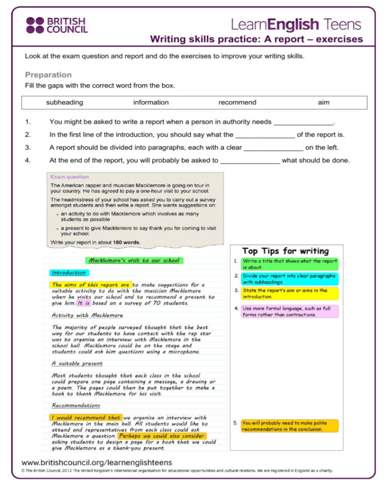 Writing Skills Practice A Report Exercises