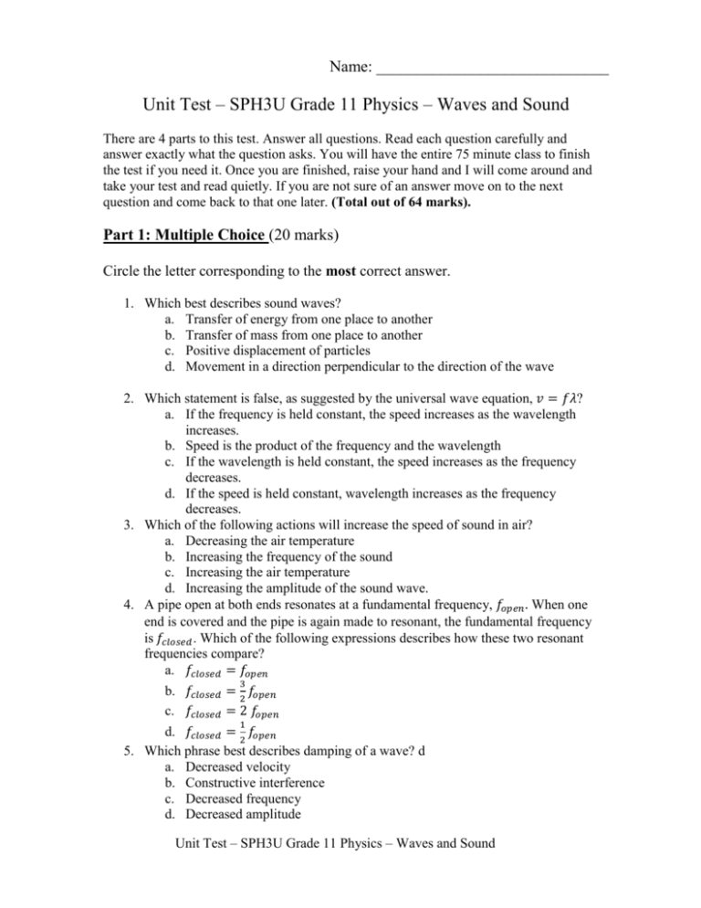 Unit Test SPH3U Grade 11 Physics Waves And Sound Unit Test SPH3U Grade 11 Physics Waves And Sound