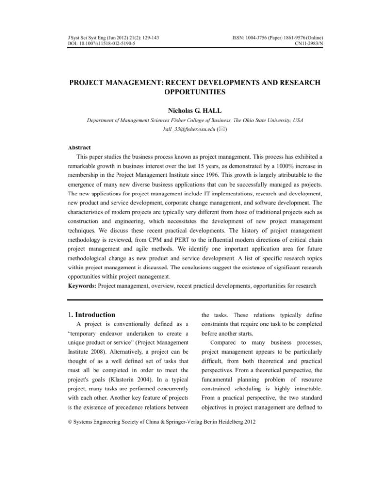 PROJECT MANAGEMENT: RECENT DEVELOPMENTS AND