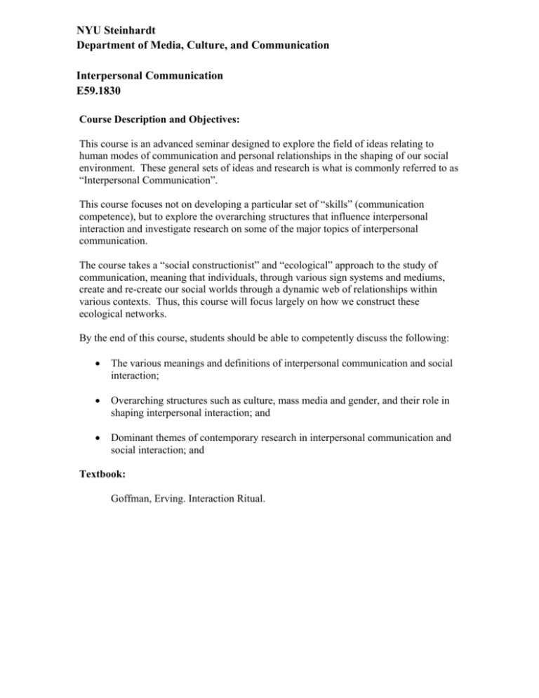 Interpersonal Communication Syllabus Interpersonal Communication Syllabus
