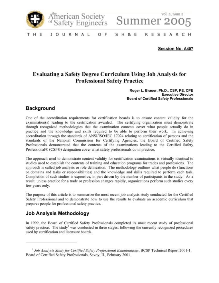 Evaluating a Safety Degree Curriculum Using Job Analysis for