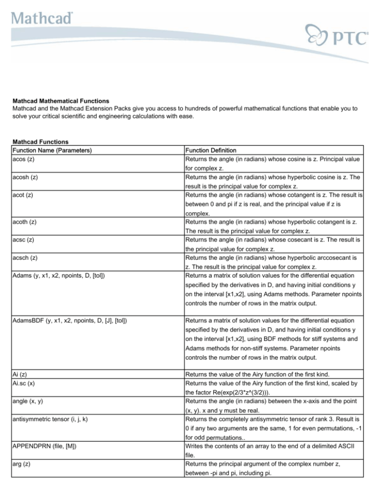 Mathcad Mathematical Functions List