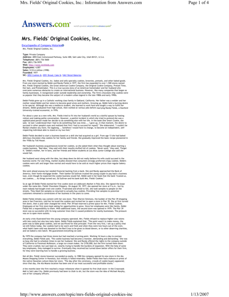 Mrs. Fields' Original Cookies, Inc.