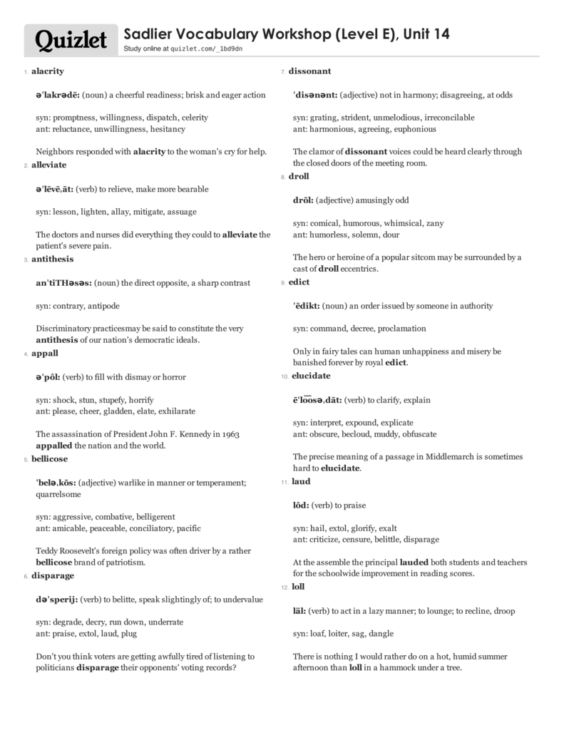  Sadlier Vocab Level E Unit 2 Answers Vocabulary Workshop Answers