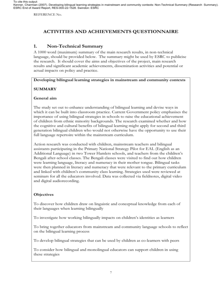 Bilingual Learning Summary Report