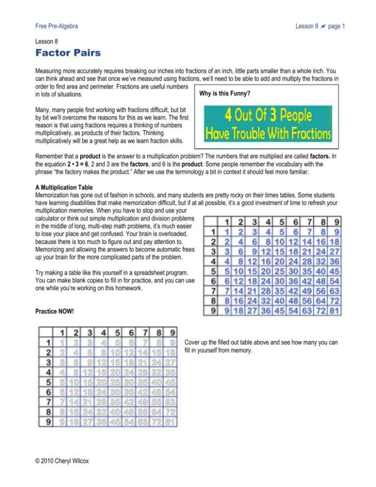 Lesson 8 Factor Pairs