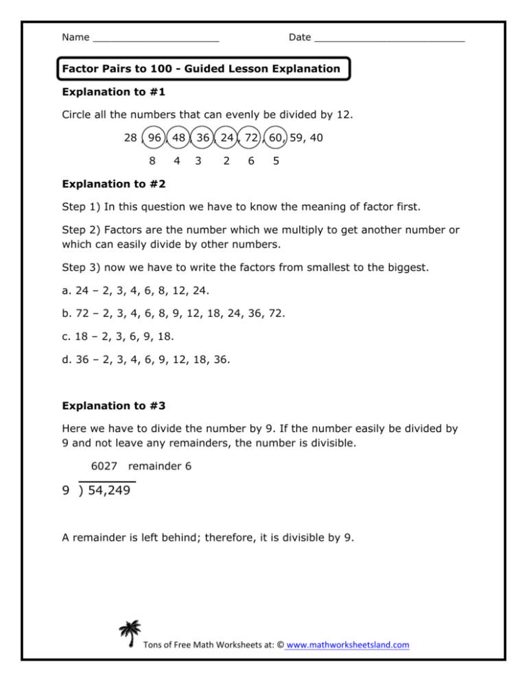 Factor Pairs To 100 Guided Lesson Explanation