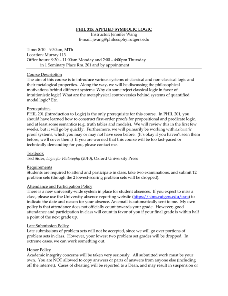Syllabus 315 Symbolic Logic