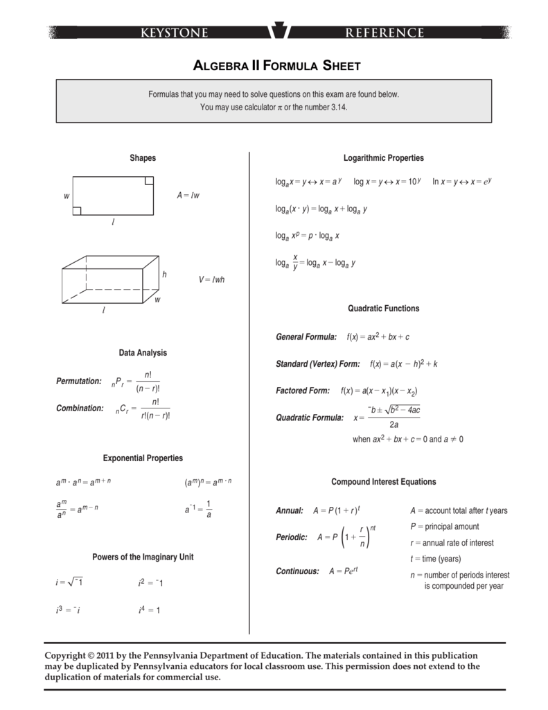Keystone Formula Sheet Keystone Formula Sheet