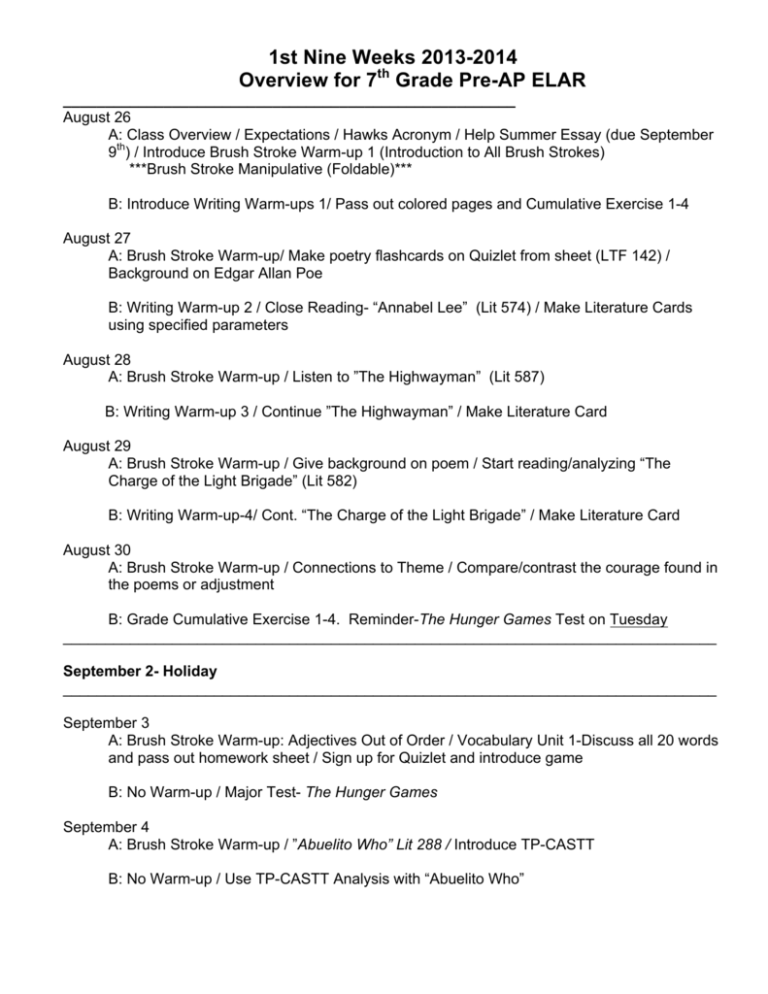 1st Nine Weeks 2013-2014 Overview for 7th Grade Pre