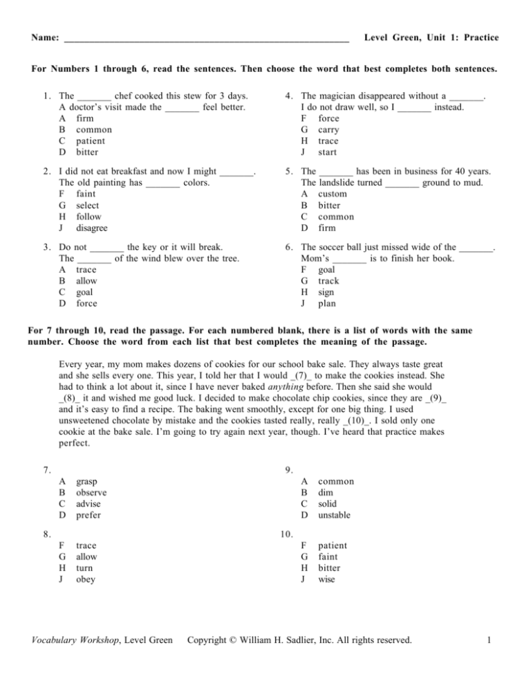 Level Green Unit 1 Practice Vocabulary Workshop Sadlier Level Green Unit 1 Practice Vocabulary Workshop Sadlier