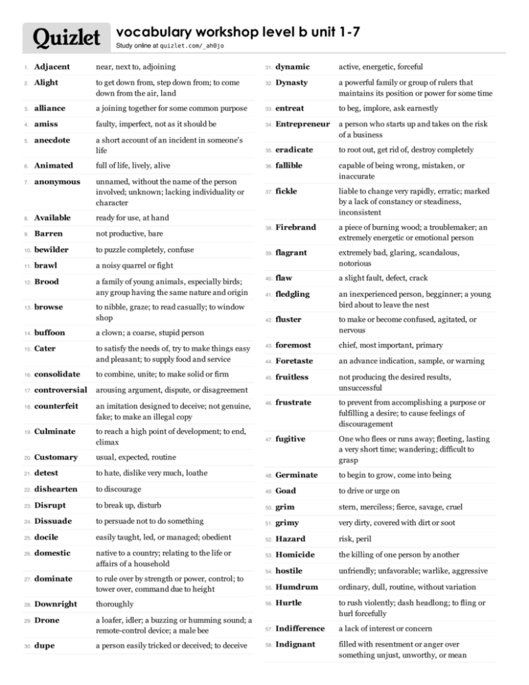 Print Vocabulary Workshop Level B Unit 1 Print Vocabulary Workshop Level B Unit 1