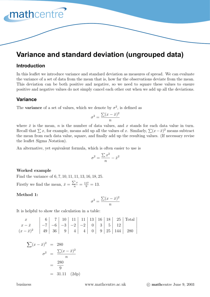 Variance And Standard Deviation ungrouped Data 