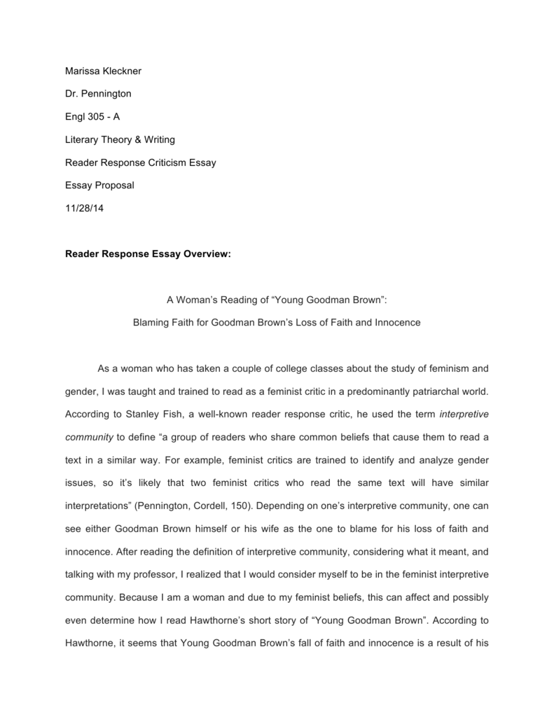 Reader Response Essay English 305 Literary Theory And Writing